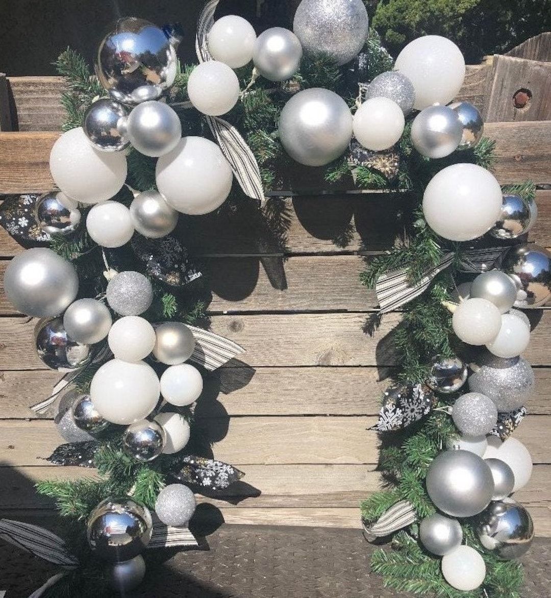 Winter Lighted Garland Winter Ornament Ball Lit Greenery White Silver ...