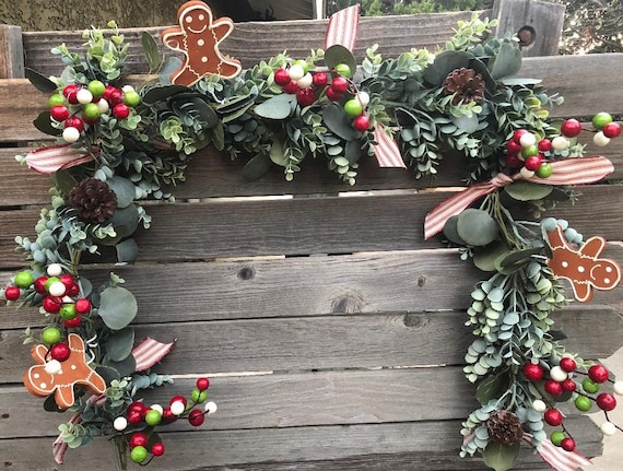 Christmas Garland Christmas Eucalyptus Swag Christmas Door Decor Holiday Gingerbread Man Swag Christmas Mantel Greenery Red Berry Table Swag Etsy