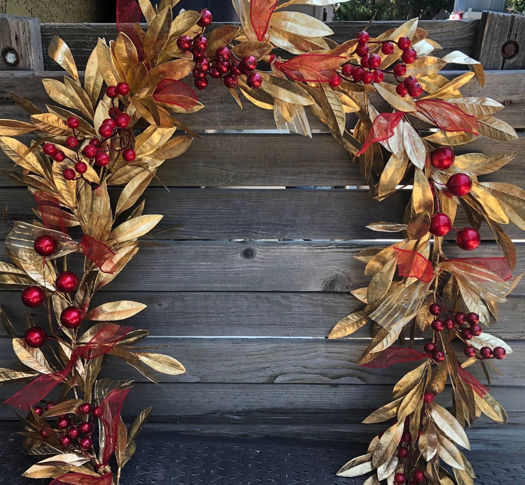 Christmas Garland Holiday Door Decor Red Gold Garland Gold Bay Leaf ...