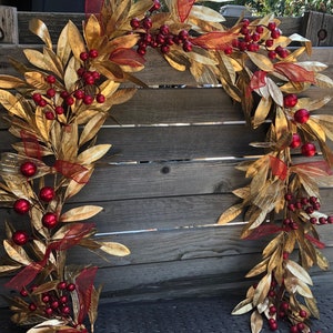 Christmas Garland Holiday Door Decor Red Gold Garland Gold Bay Leaf ...