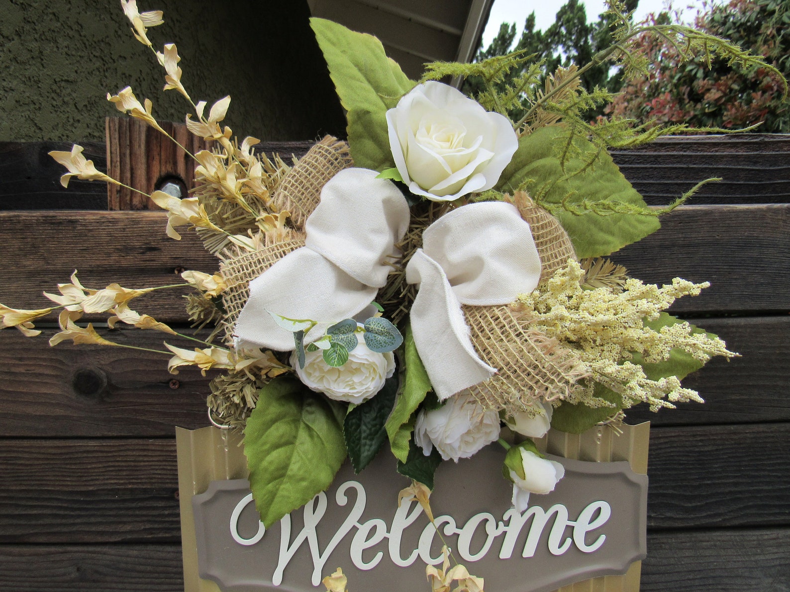 Welcome Wreath Spring Flower Wreath White Rose Floral Swag - Etsy