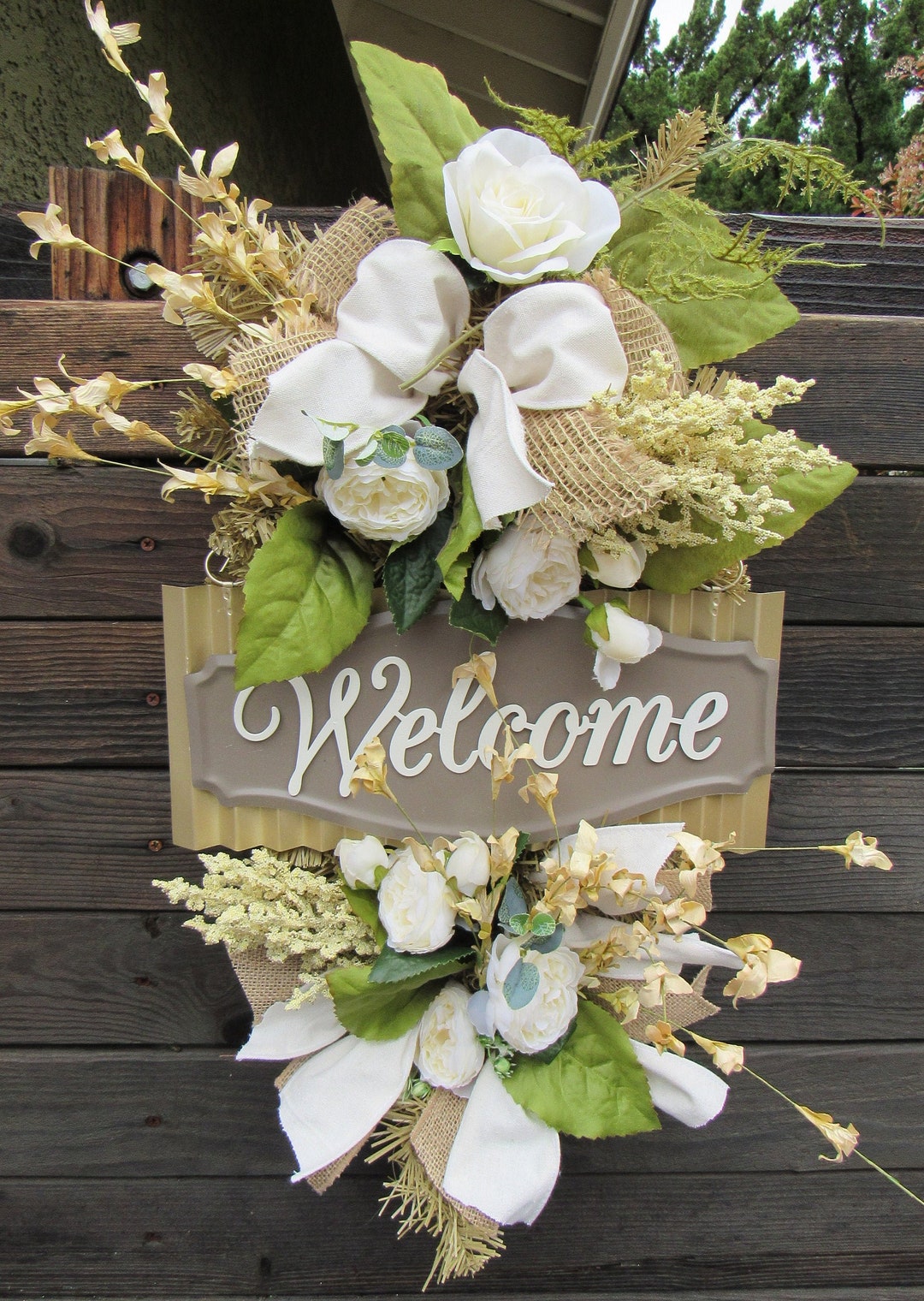 Welcome Wreath Spring Flower Wreath White Rose Floral Swag Welcome Door ...