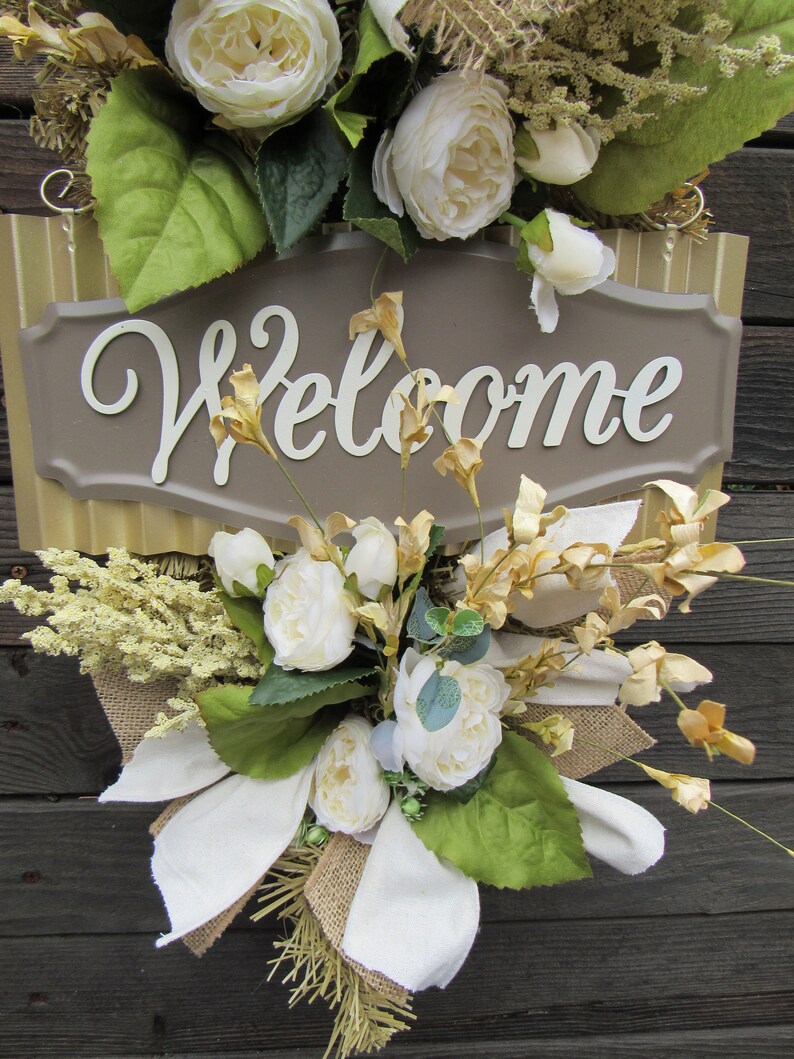 Welcome Wreath Spring Flower Wreath White Rose Floral Swag Welcome Door ...