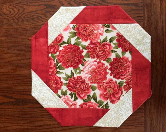Spring Table Topper, Octagonal, Peonies, Coral Blossoms, Coral Floral ...