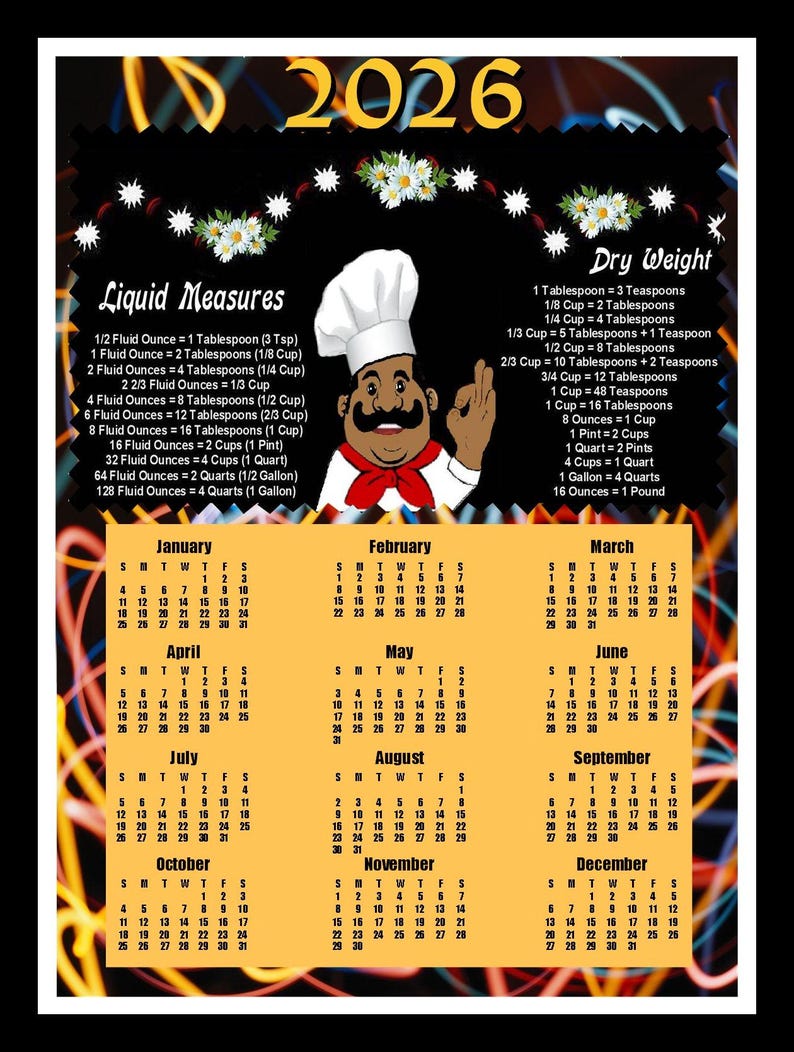 Chef/fat Chef 2026 Calendar Magnet - Kitchen Conversion Measuring Chart ...