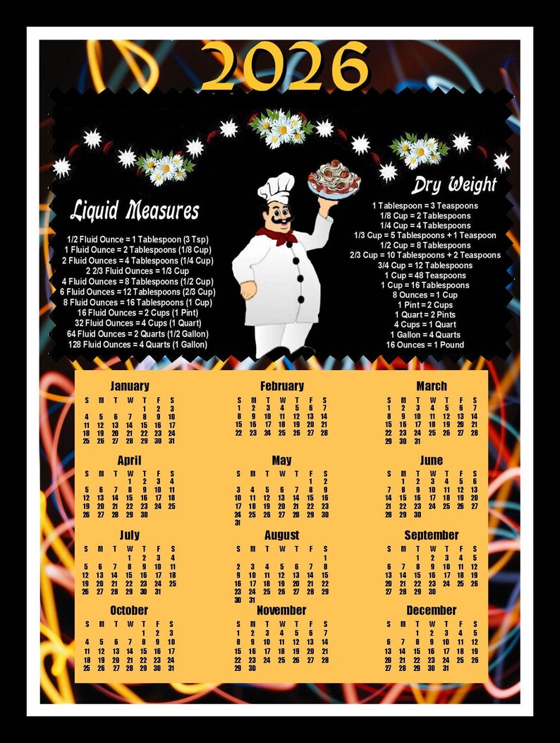 Chef/fat Chef 2026 Calendar Magnet - Kitchen Conversion Measuring Chart ...