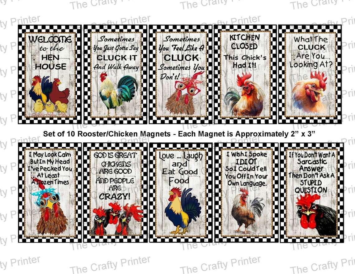 Set of 10 ROOSTER-CHICKEN Magnets Cute & Humorous FREE - Etsy