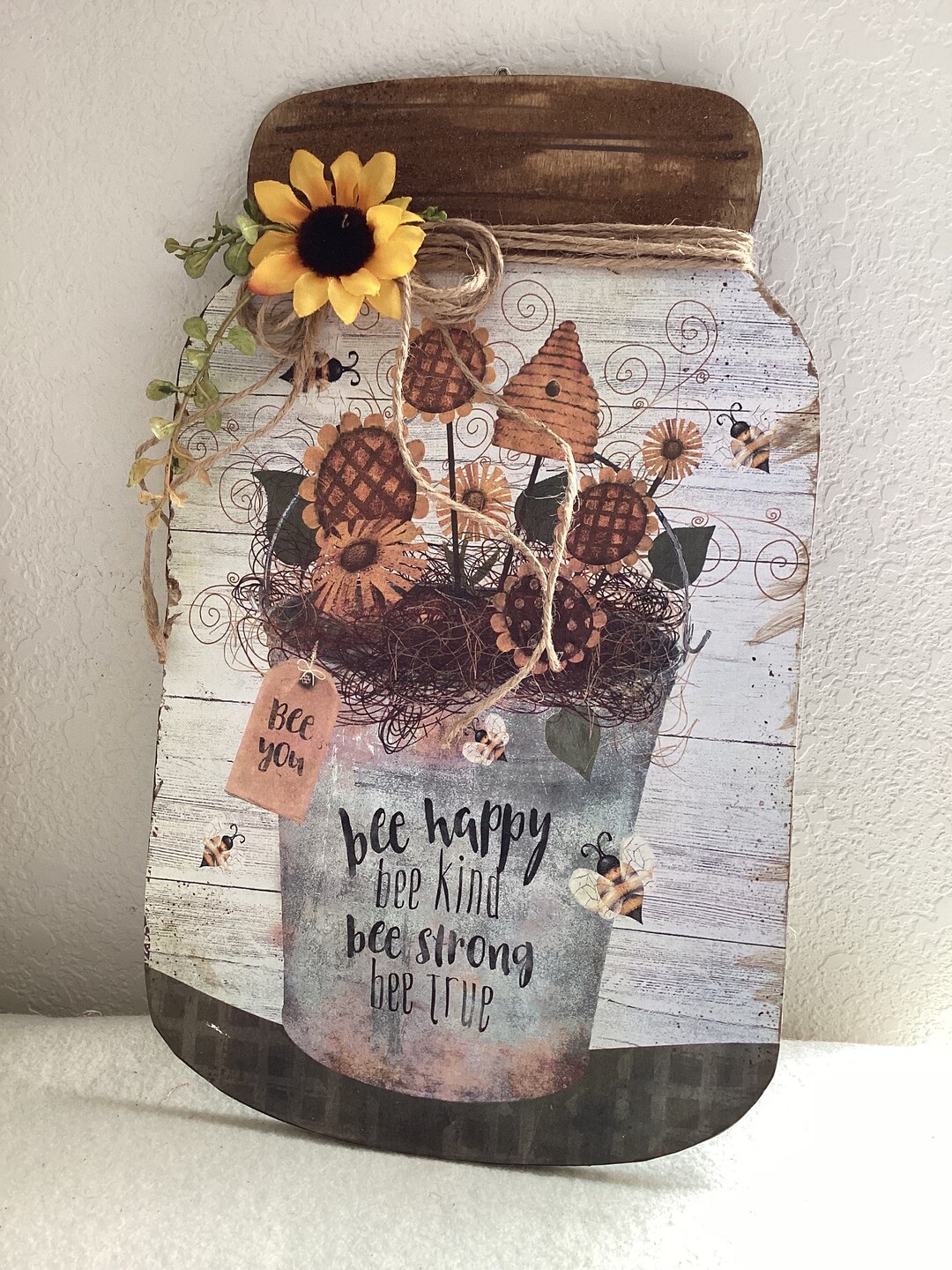 Lg Wood Mason Jar Sign, Bee Happy Sunflower Wood Sign, Country Wood ...