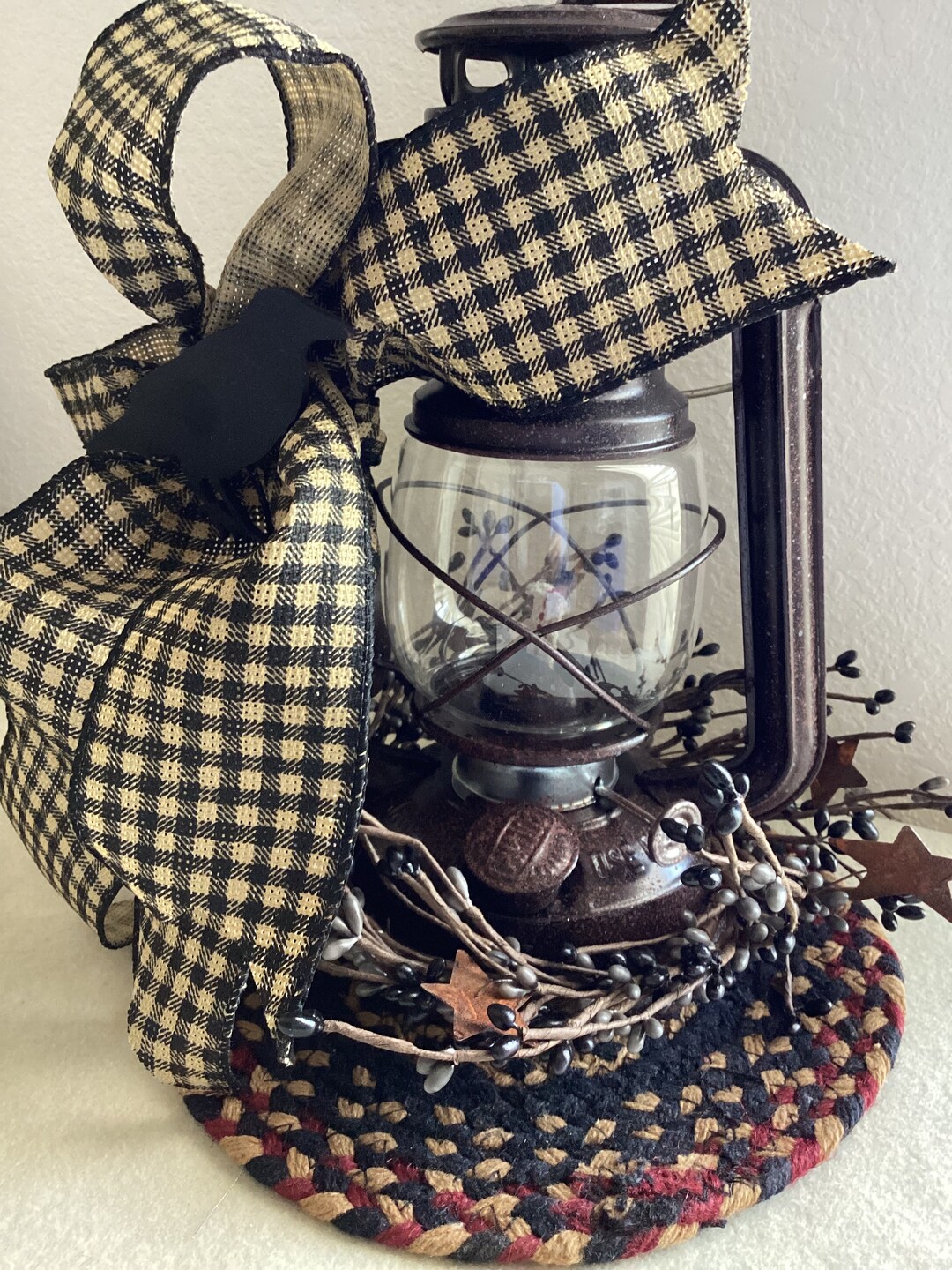 Rusty Look Tin Lantern Centerpiece, Crow Black Gray Pip Berries Lantern ...