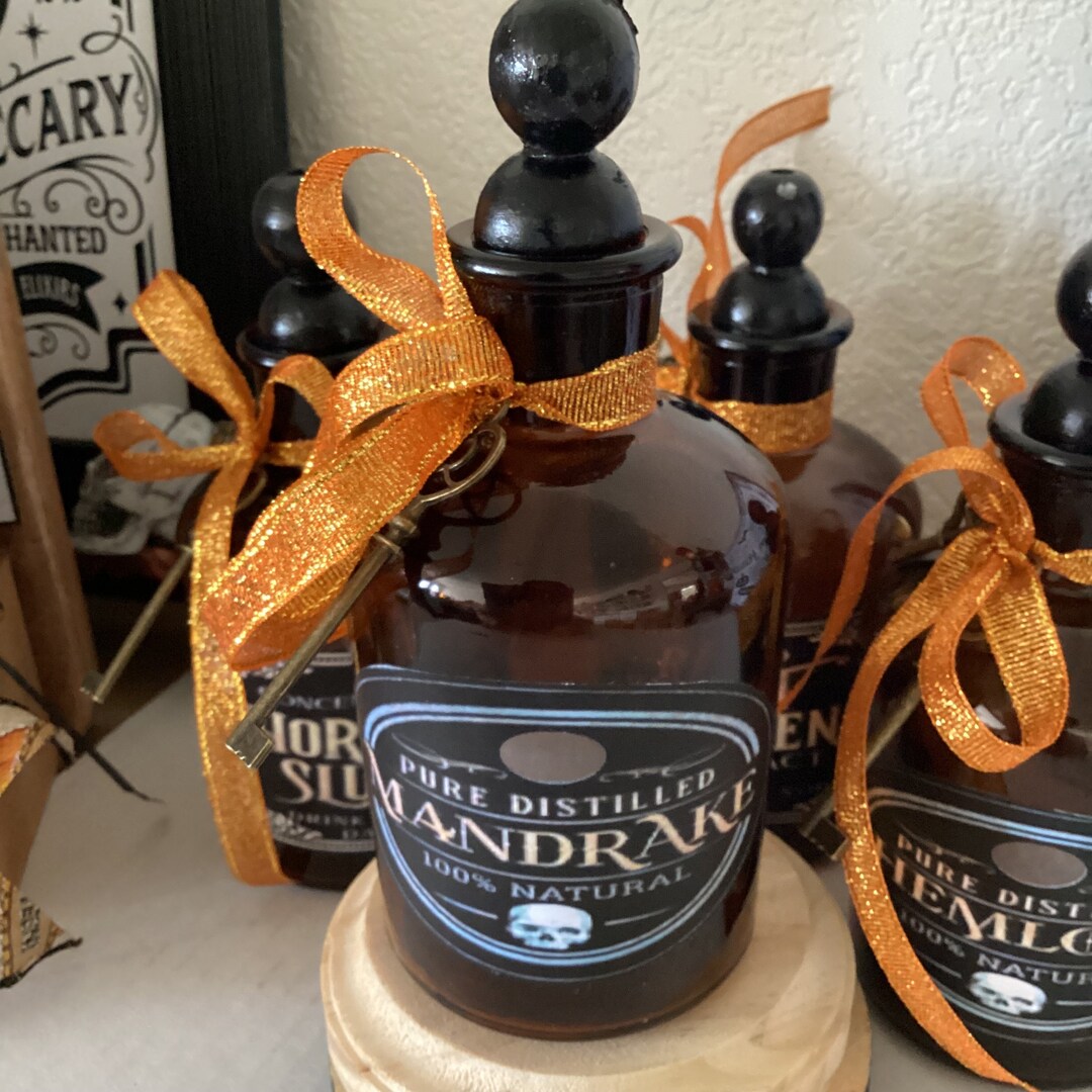 Apothecary Halloween Amber Potion Bottle, Mandrake Potion, Powders ...