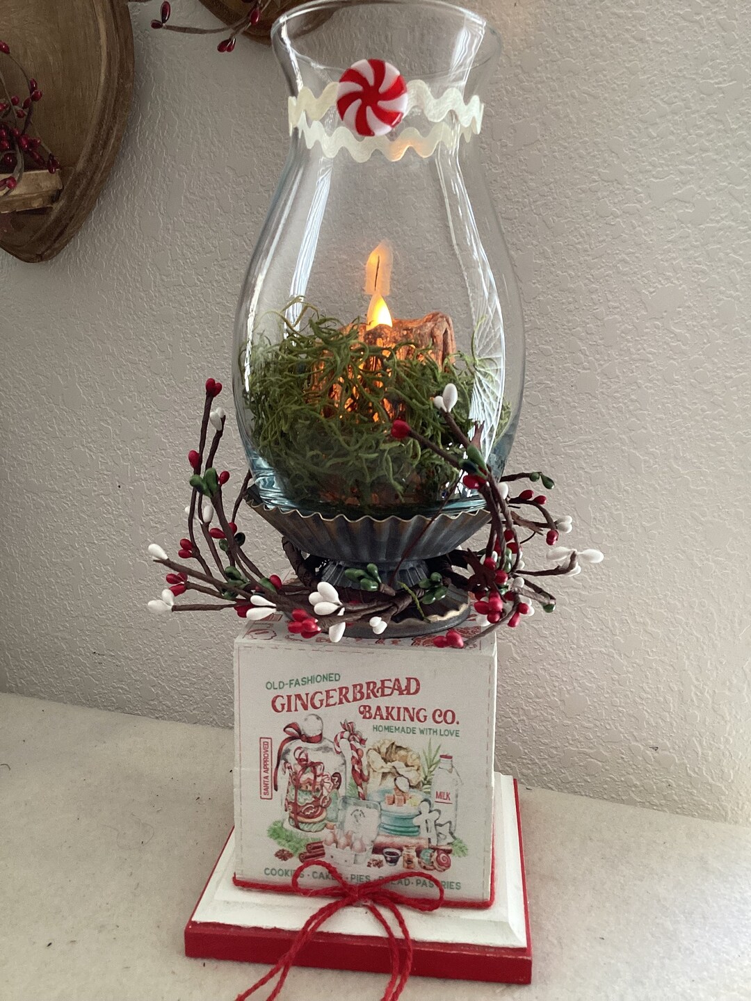 Faux Gingerbread Hurricane Lamp, Handmade 4 Sided Faux Gingerbread ...