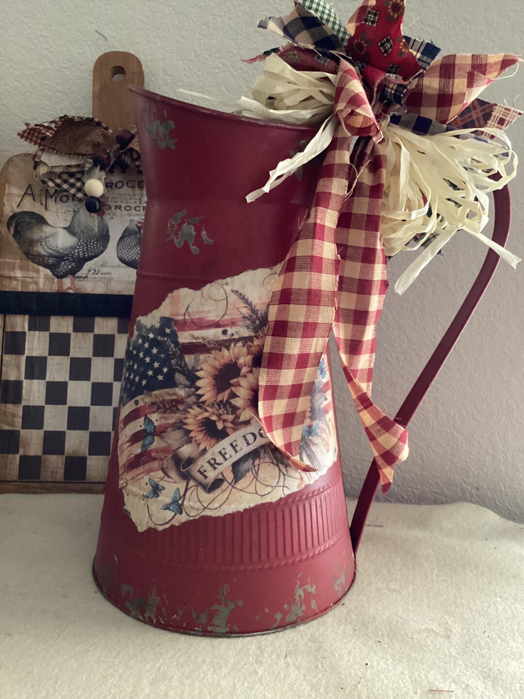 Patriotic Americana Tin Pitcher, Large Red Americana Tin Pitcher - Etsy
