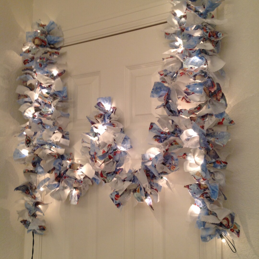 10 Rag Garland, 50 Lights Garland, Snowman Rag Fabric Garland, Lighted ...