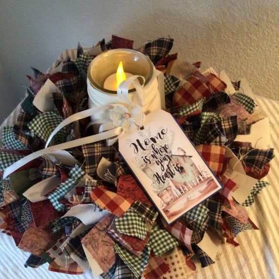 12 Calico Heart Rag Wreath Votive Home is Where Heart is | Etsy