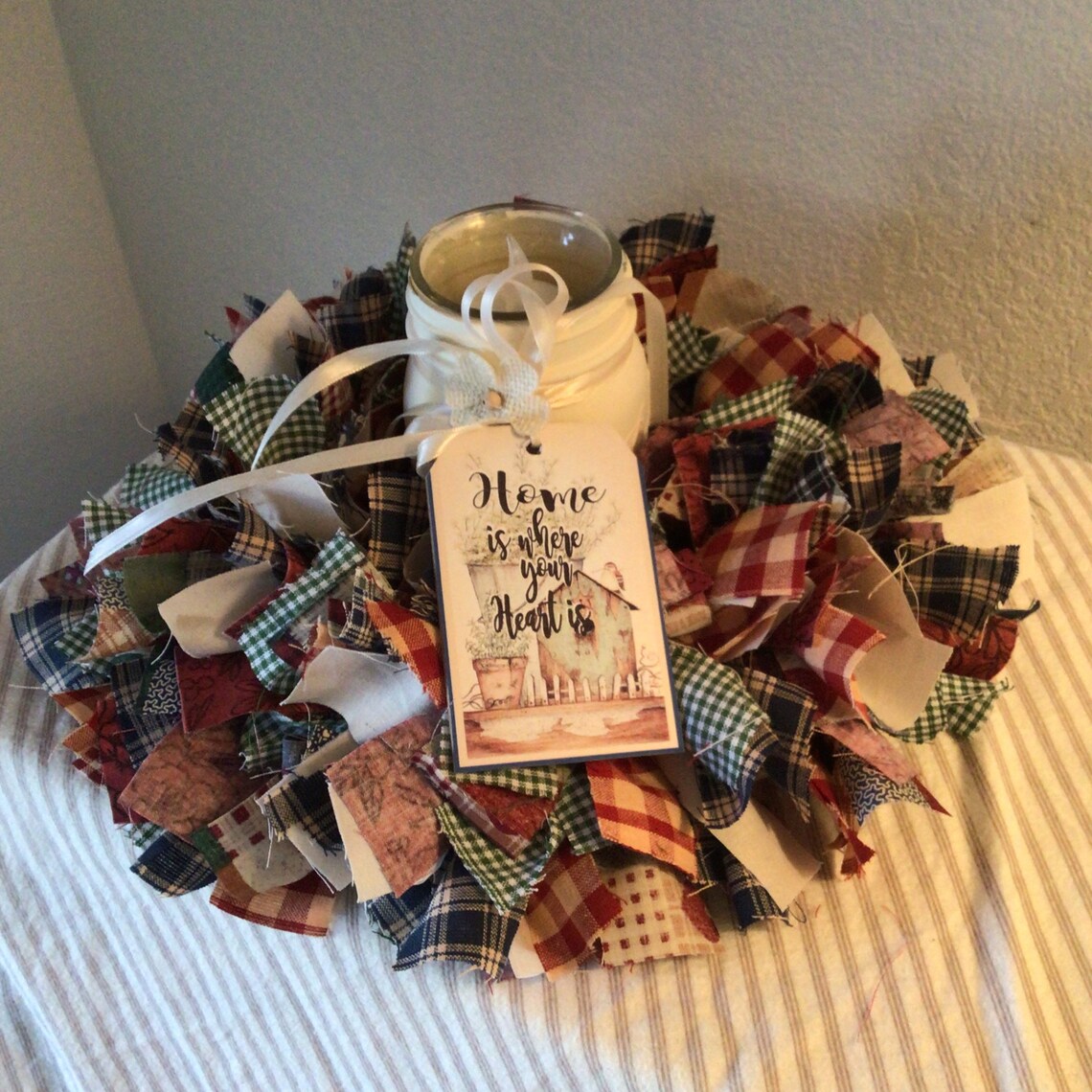 12 Calico Heart Rag Wreath Votive Home is Where Heart is | Etsy