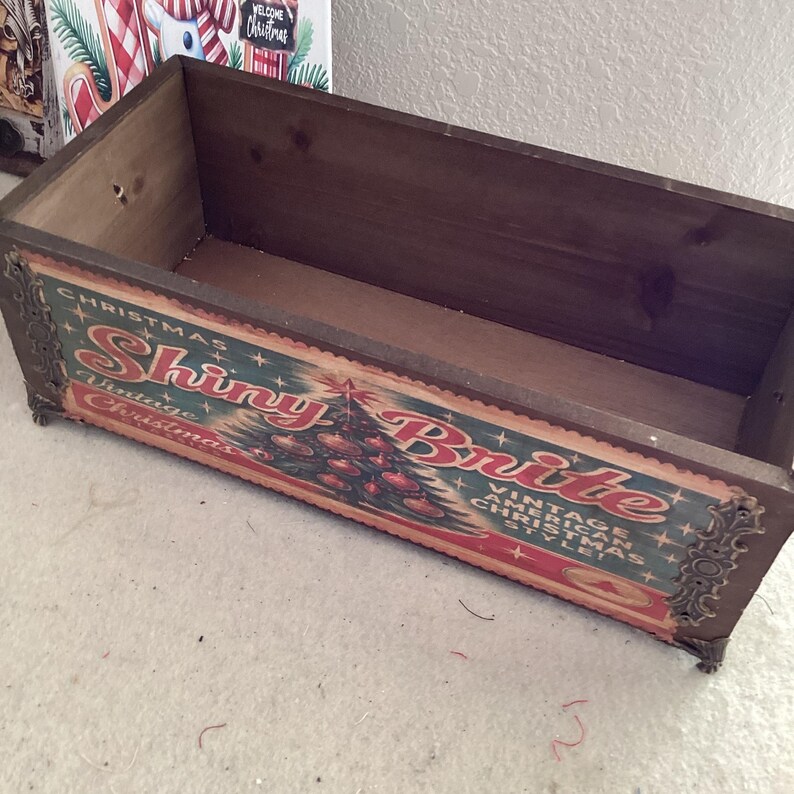 Wood Crate Box: Shiny Brite Storage Box, Christmas Faux Retro Crate ...