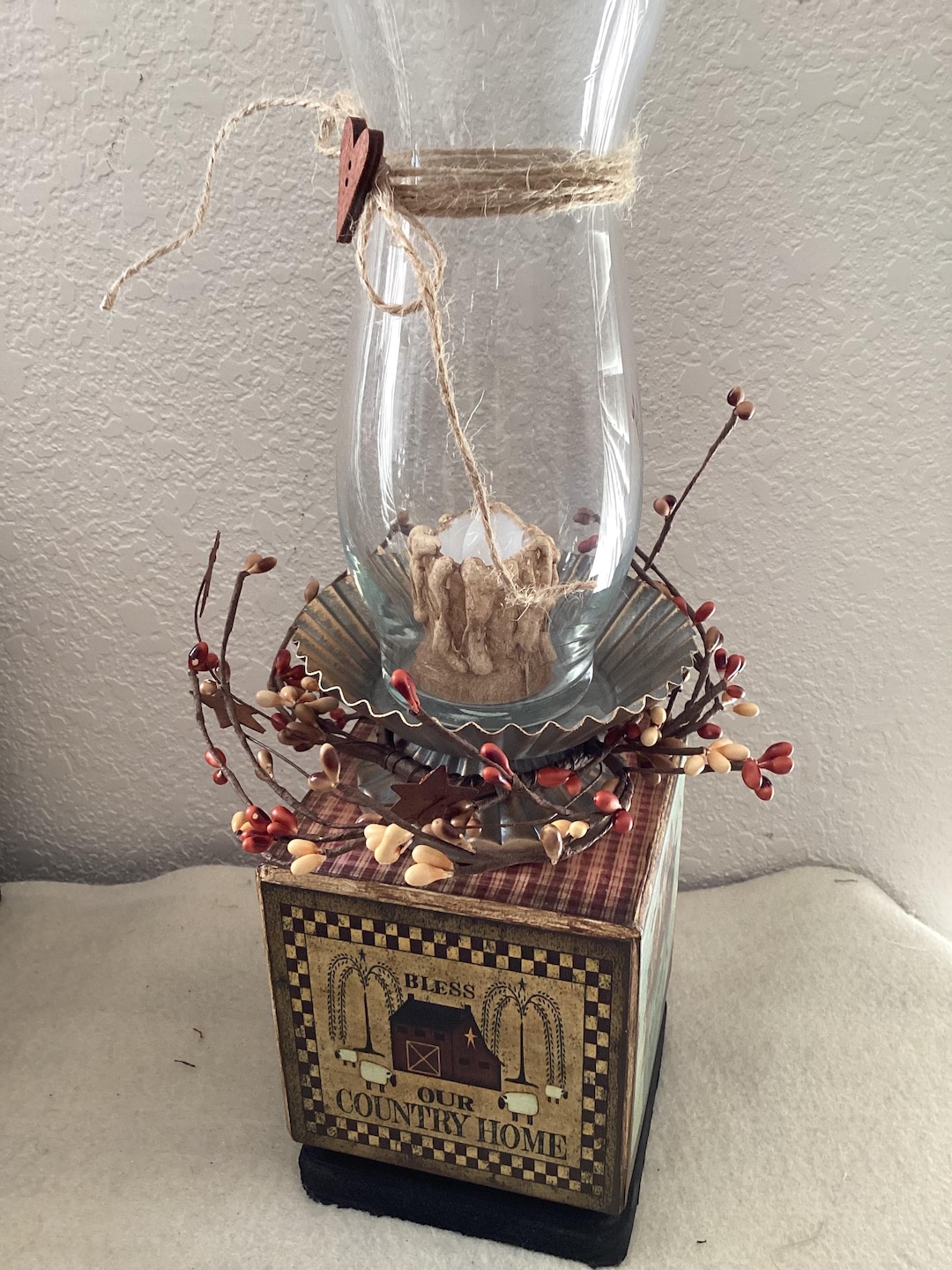 Primitive Country Candle Lamp, Faux Country Hurricane Lamp, Handmade 4 ...