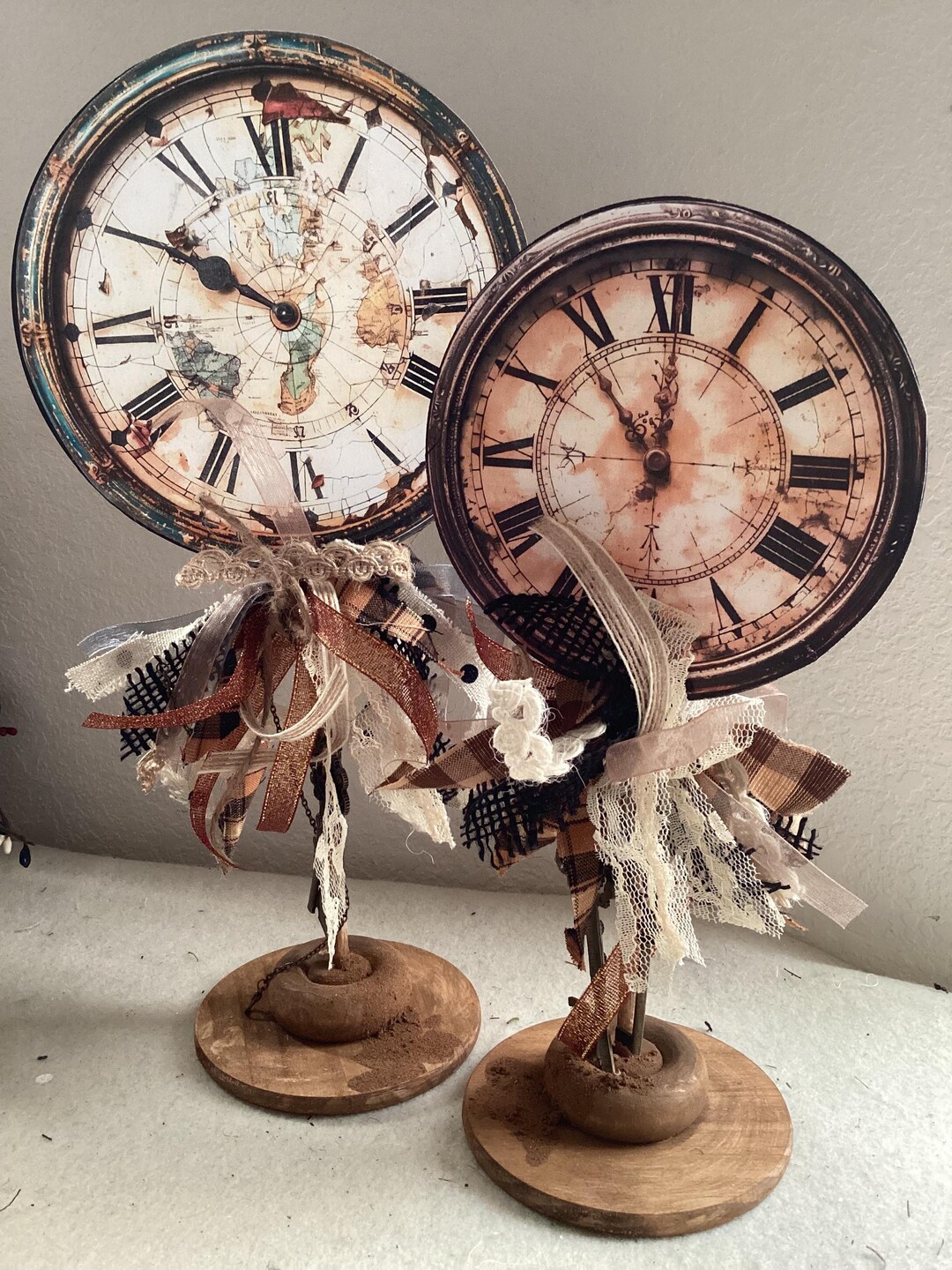 Faux Clocks on Stands, Pair of Vintage Look Clock Faces on Stands, Dark ...