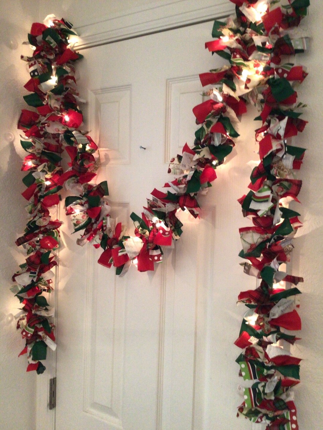 Lighted Rag Christmas Garland, 50 Lights Traditional Fabric Colors ...