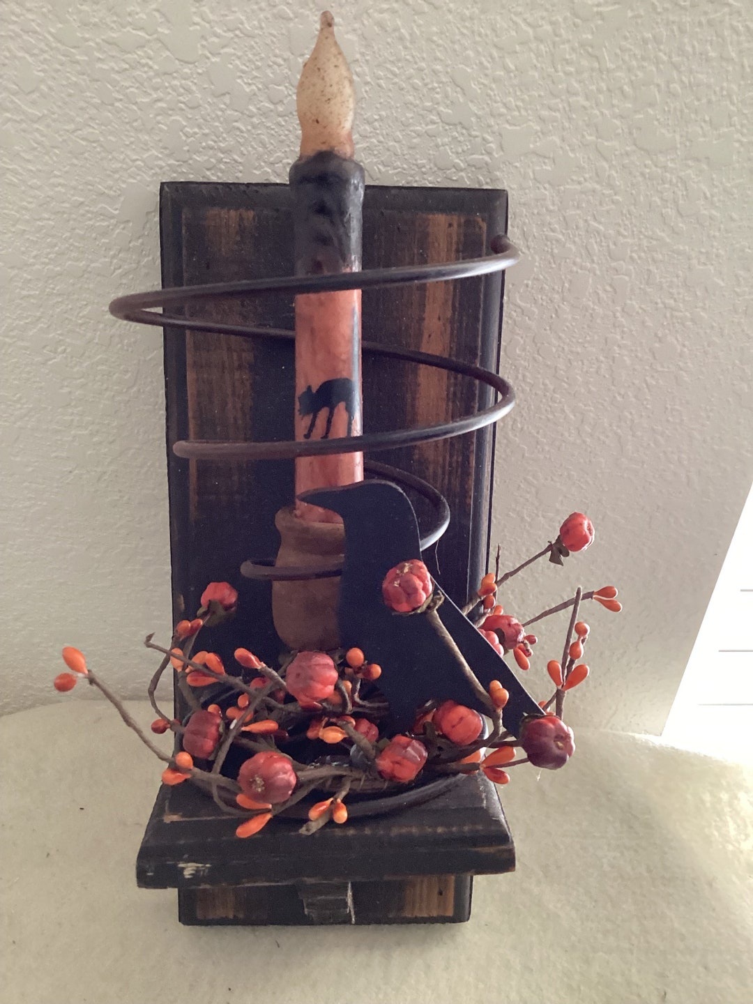 Wood Spring Handmade Wall Sconce, Crow Halloween Wall Sconce, Taper Candle Rustic Wall Sconce ...