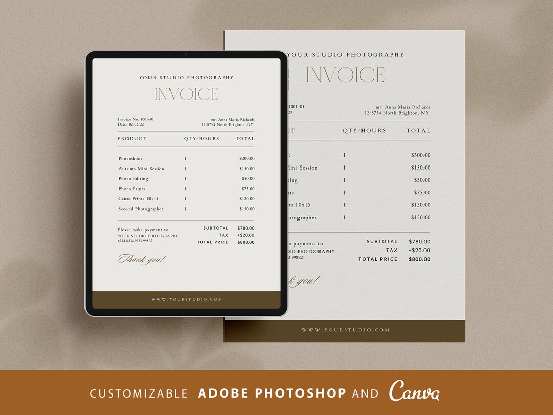 Photography Invoice Template, Invoice CANVA Template, Wedding ...