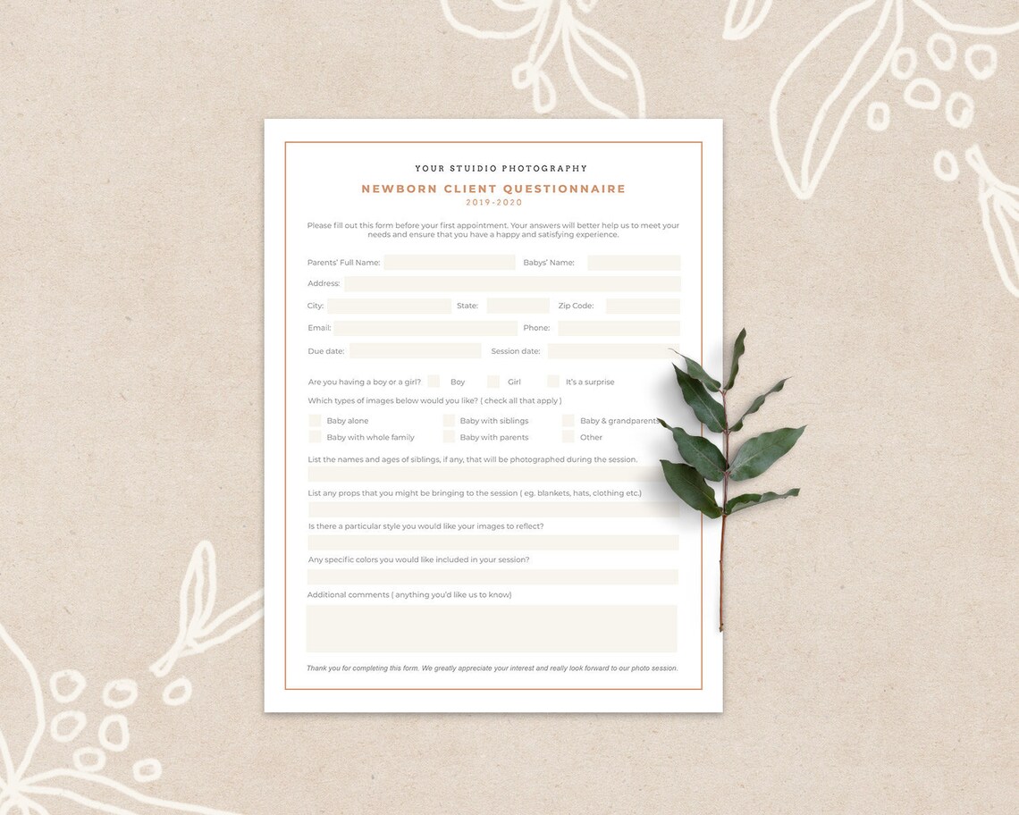 Newborn Questionnaire Client Questionnaire Photoshop - Etsy