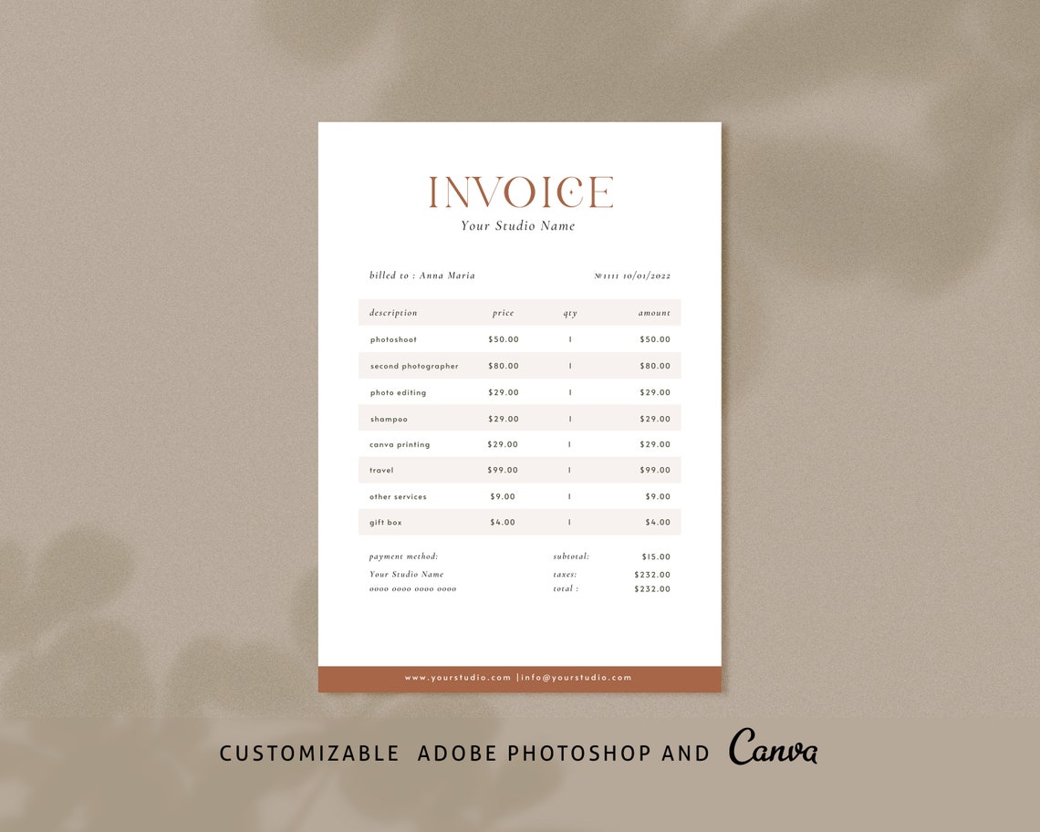 Invoice Photoshop and Canva Template Photography Invoice - Etsy