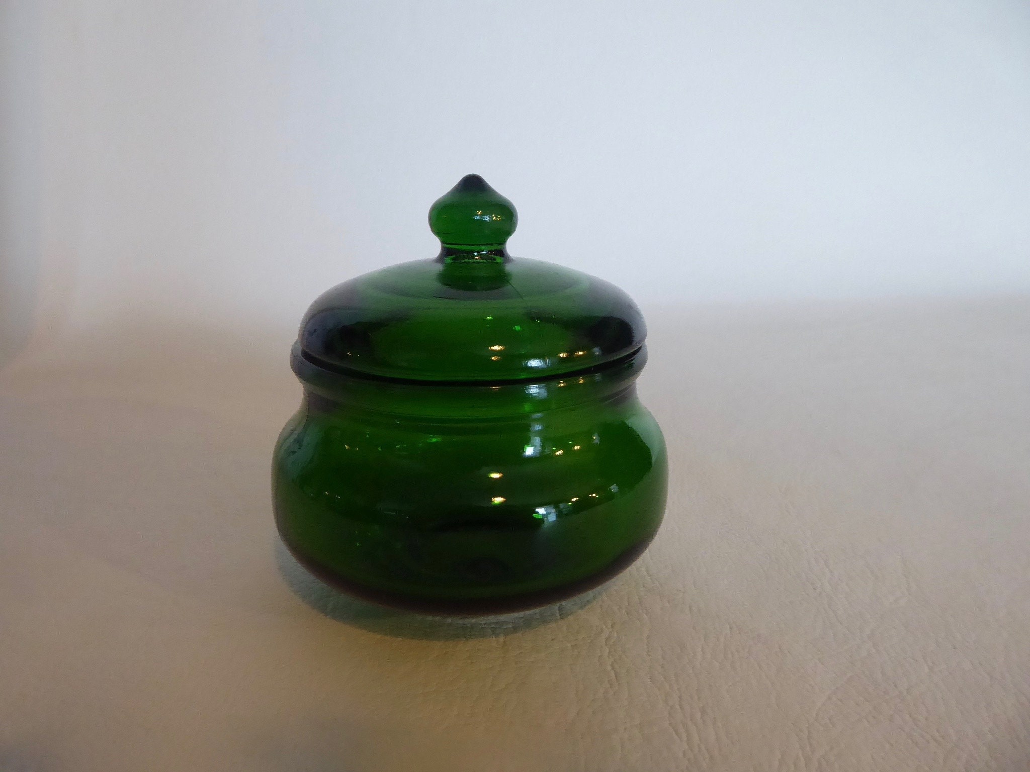 Forest green glass container. Depression glass. Made in Belgium. Year ...