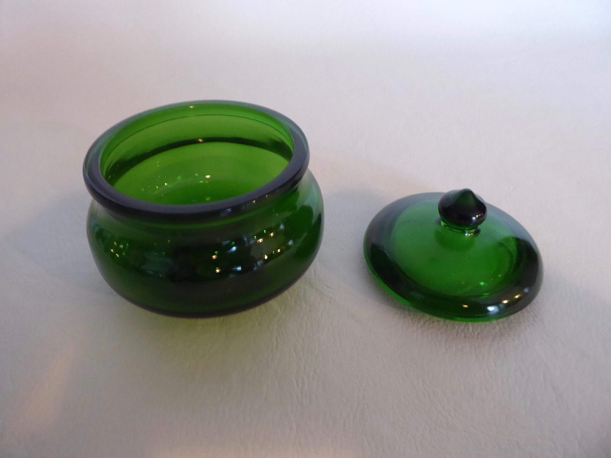 Forest green glass container. Depression glass. Made in Belgium. Year ...