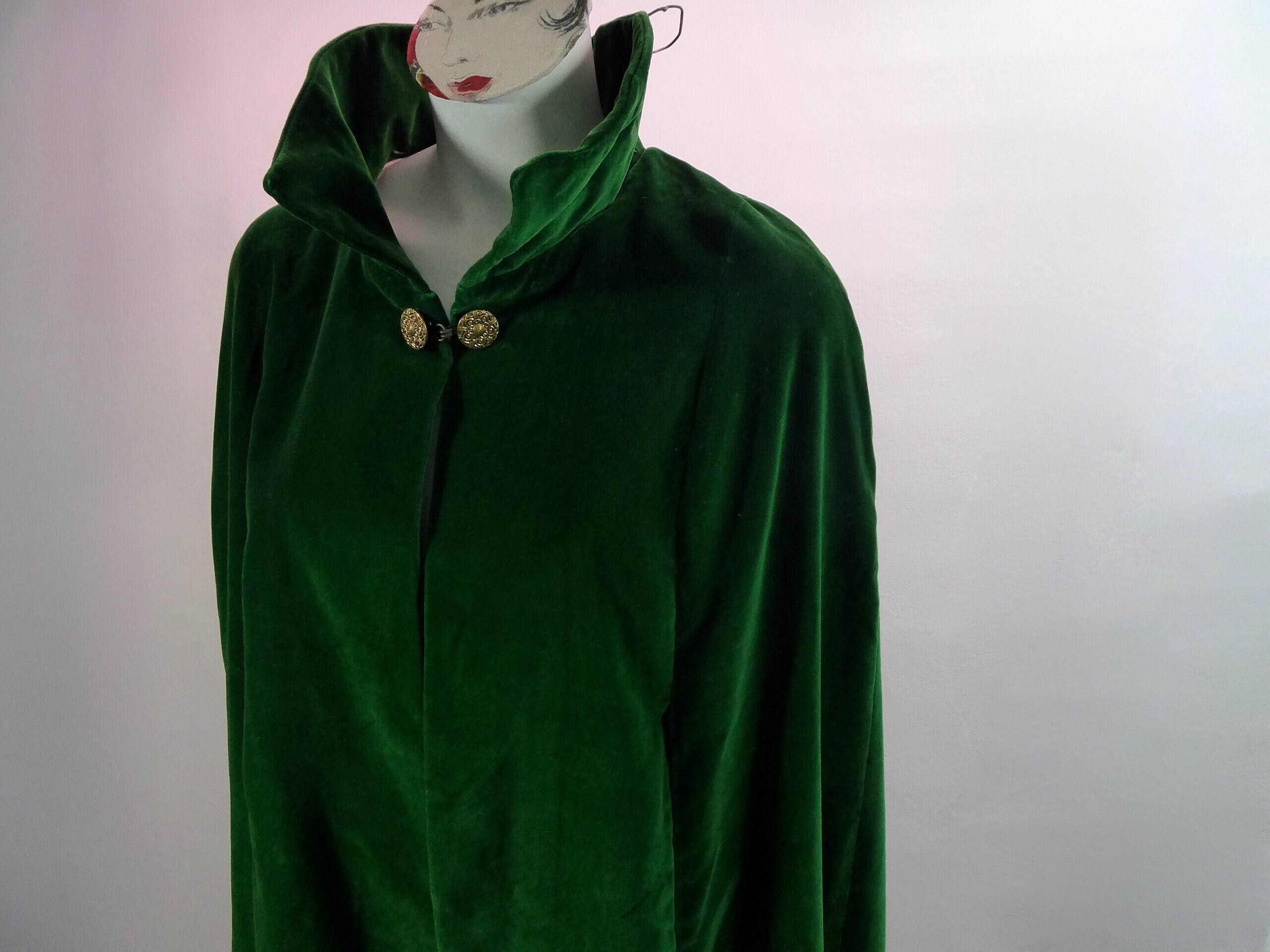 Long Green Velvet Cape. Flower power. 1960's opera. Funky Cape ...