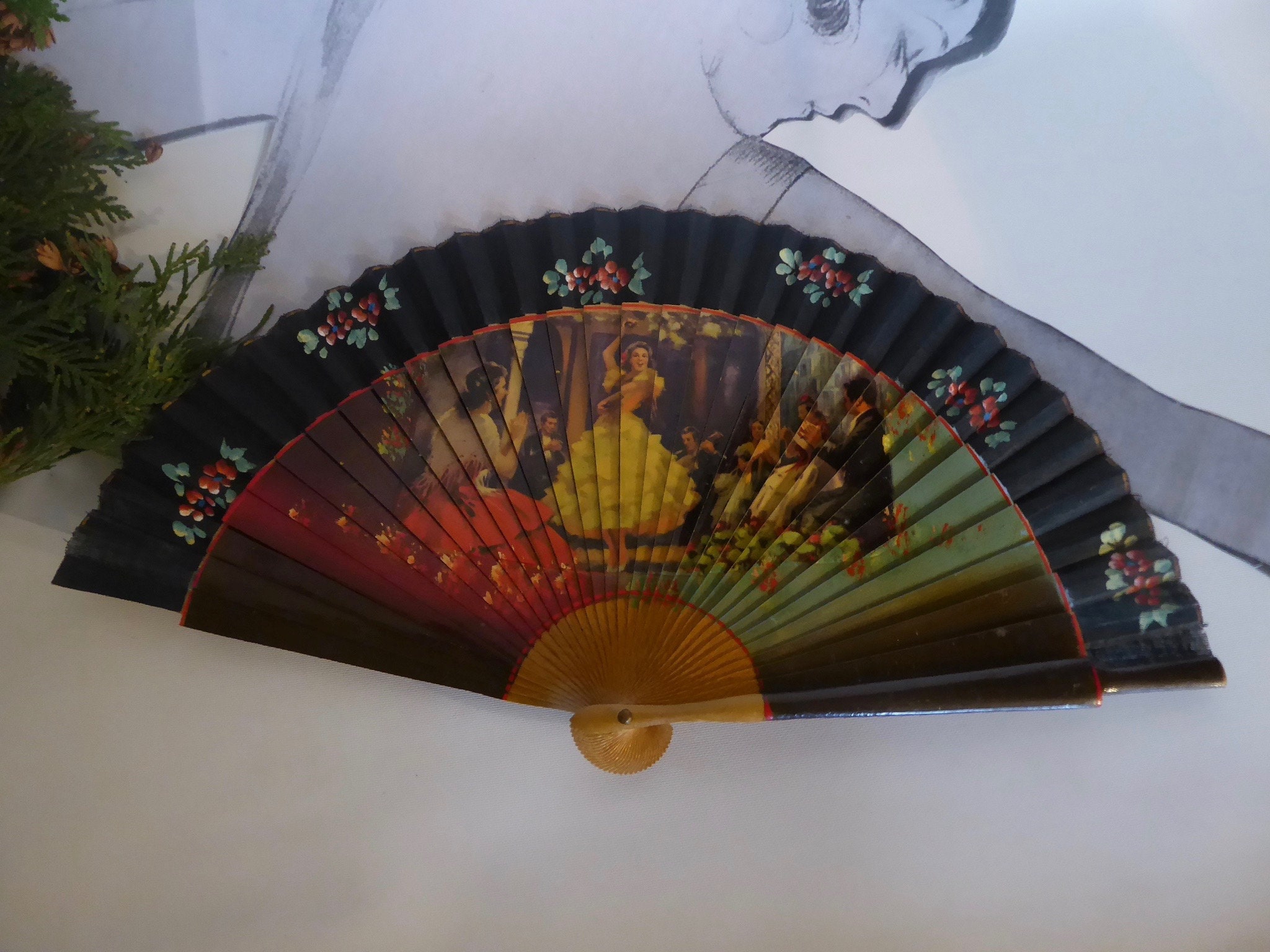 Spanish fan folded double-sided. Smellwood and hand-painted black ...