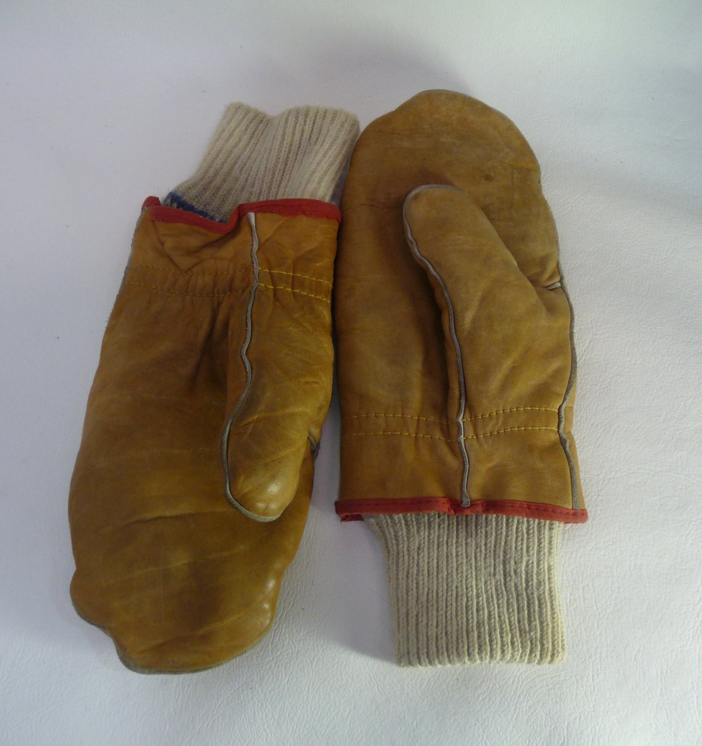Vintage leather suede and knit mittens wool. Mitten. 60 years ...