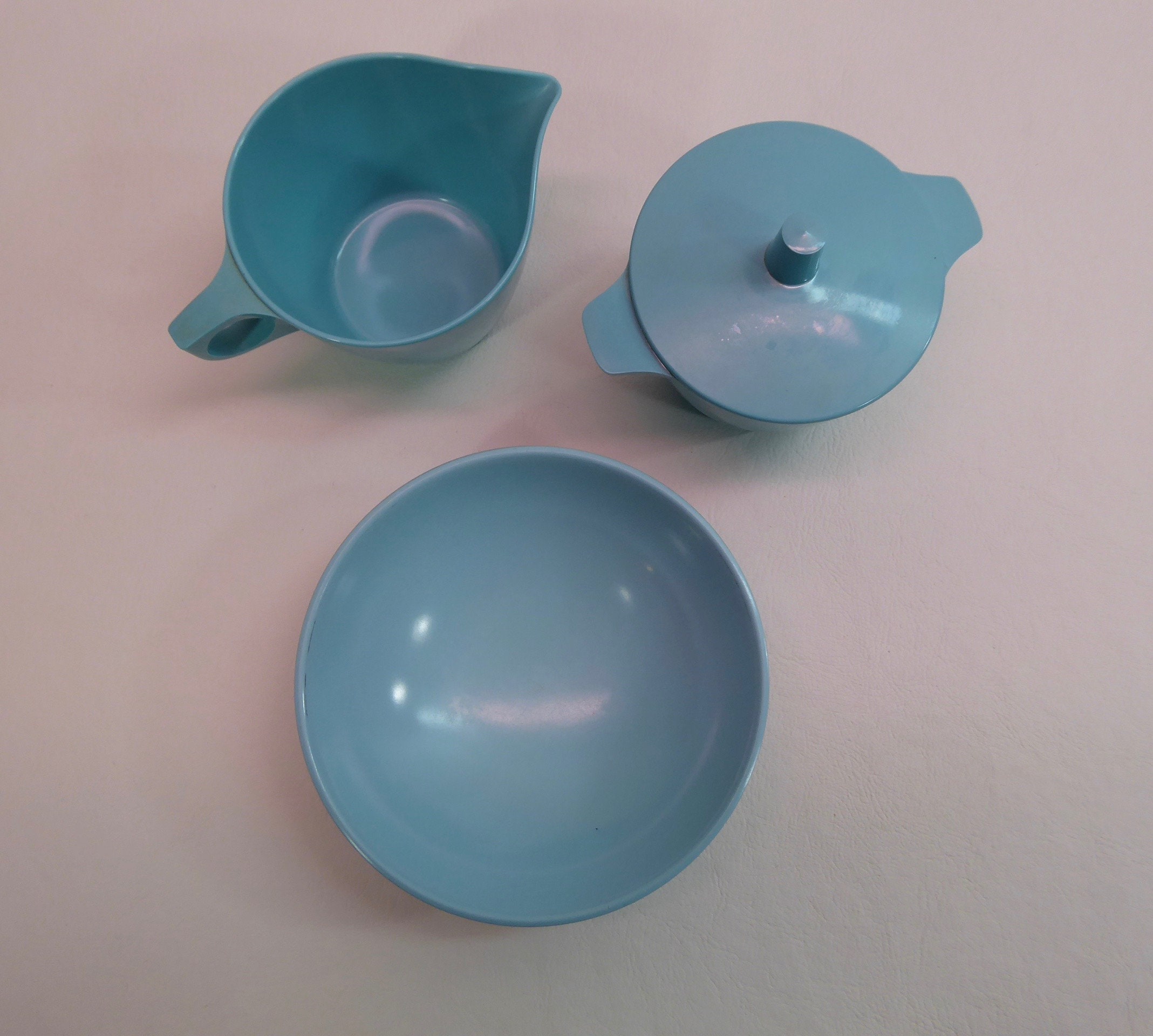 Dish set Melmac Lournay blue powder. Sugar. Milk pot. Bowl. Vintage ...