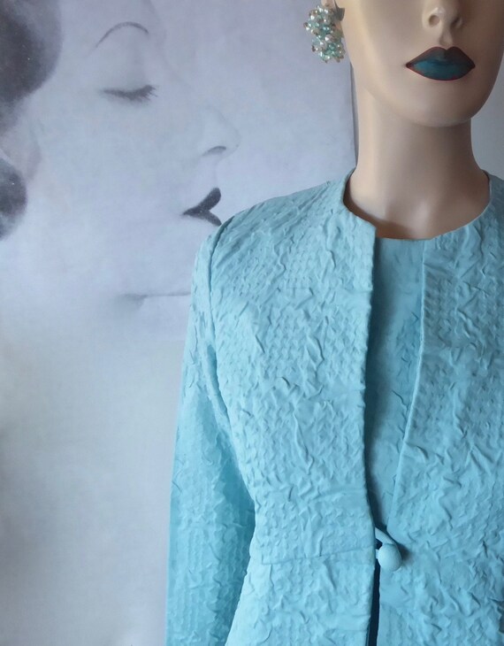 Powder blue jacket dress set 1960. Sleeveless dress. … - Gem