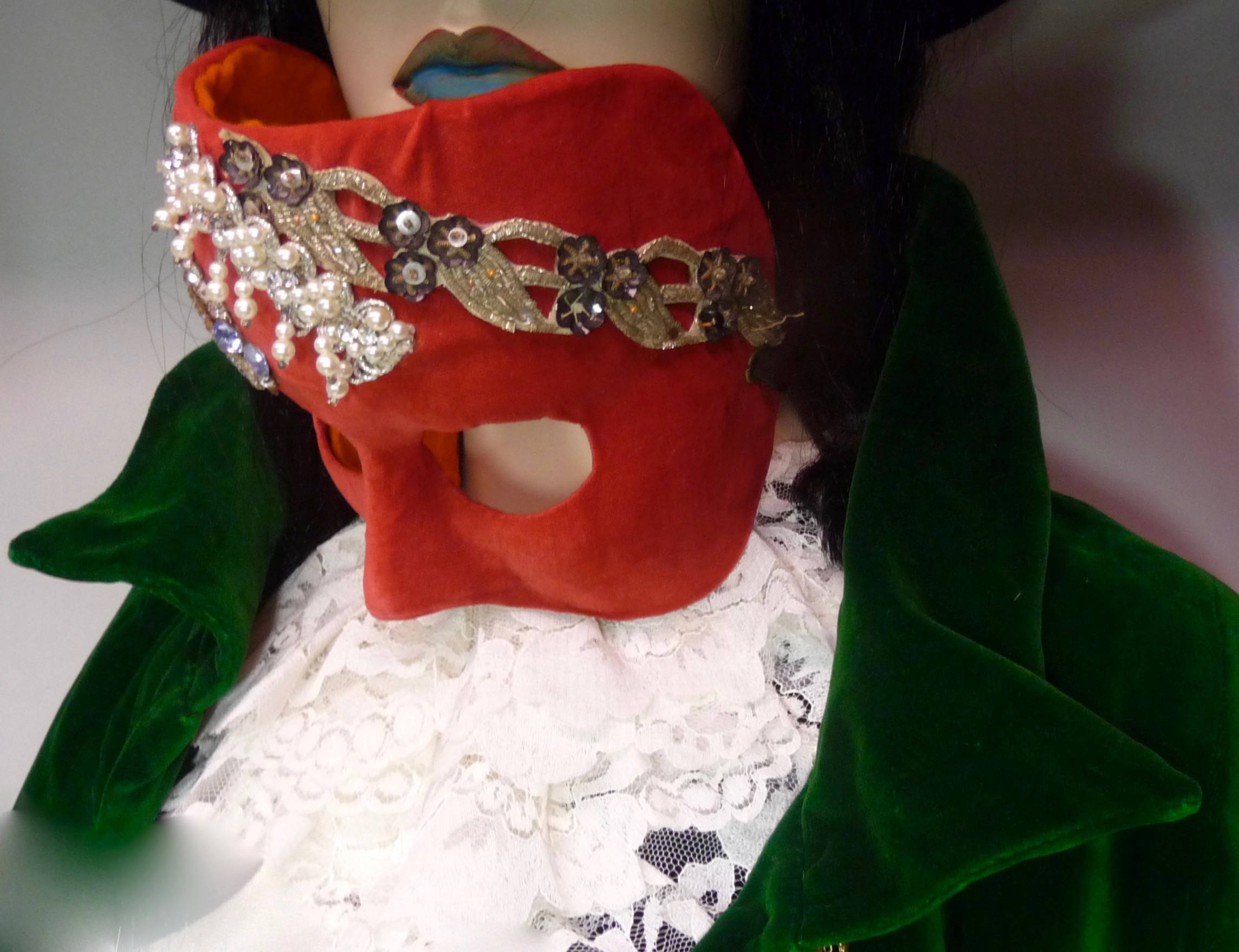 Red velvet molded mask. Masquarade. beaded. Rhinestones. ribbon. Satin ...
