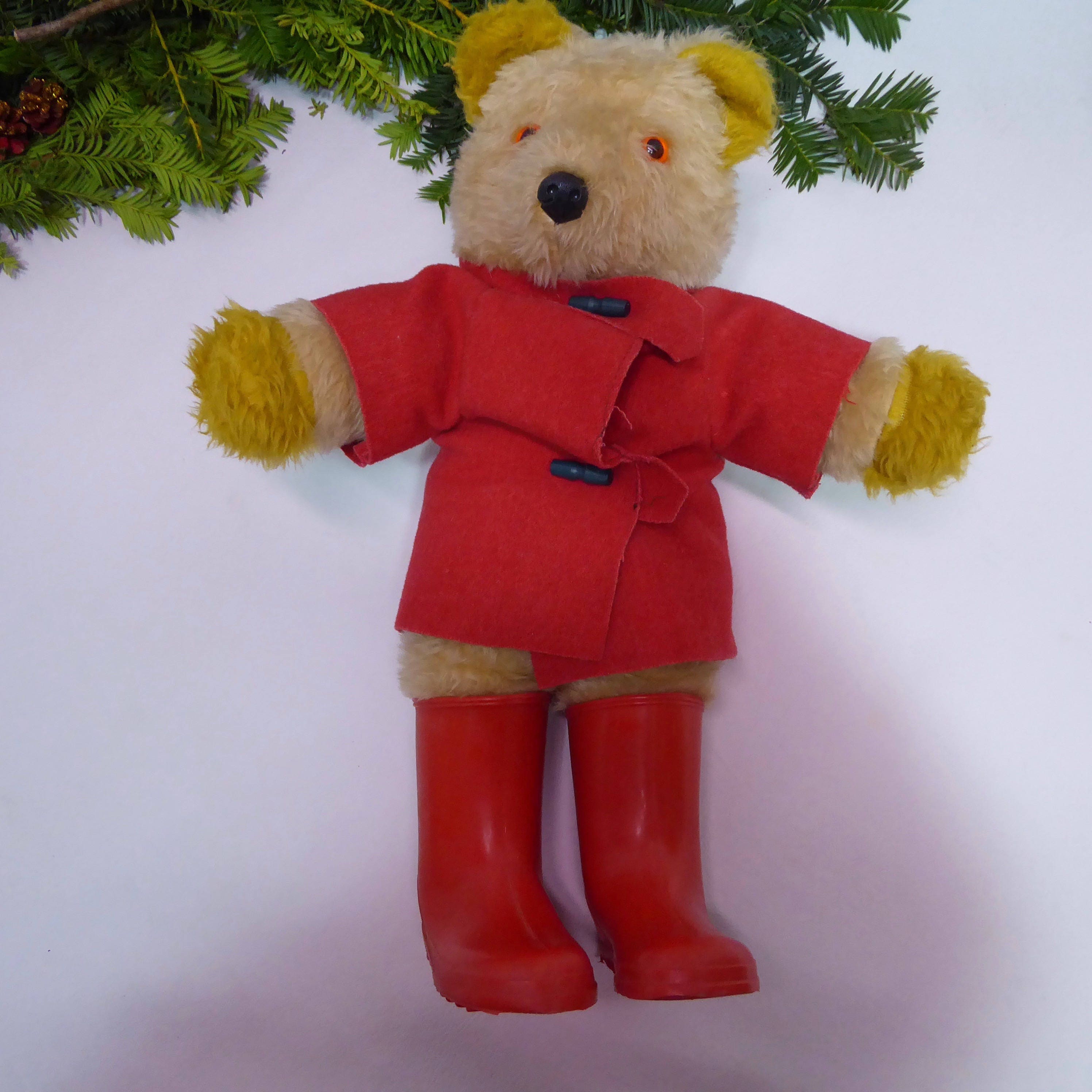 Vintage Paddington bear. 19 inches. Four inches. Orange glass eyes. Red ...