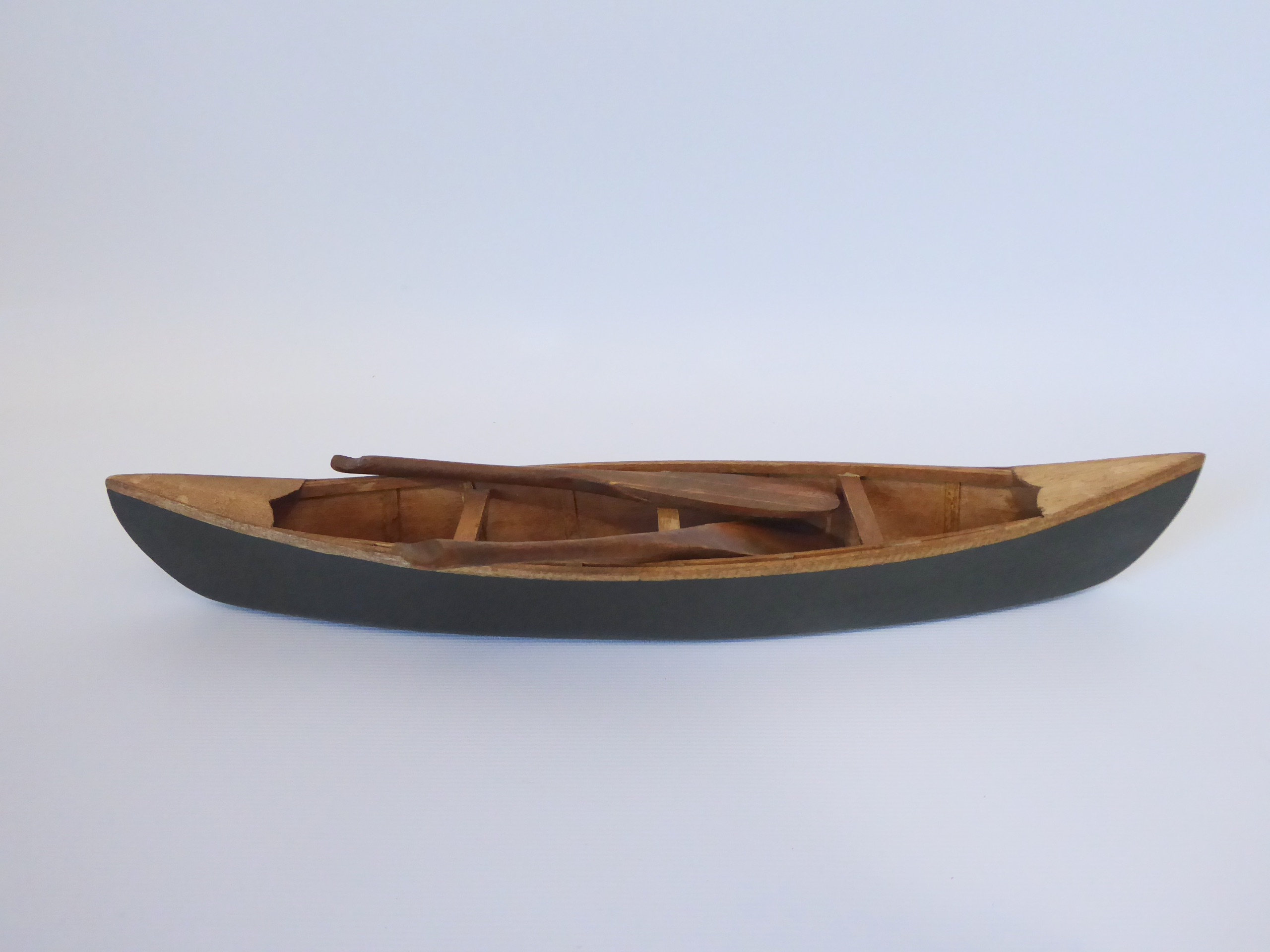 Miniature wooden handmade canoe with 2 paddles. 1970. Vintage canoe ...