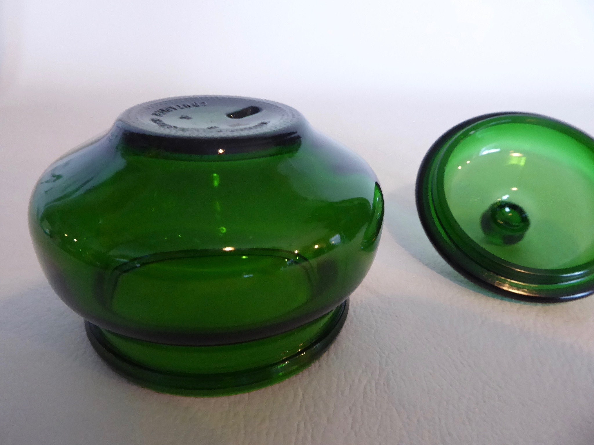 Forest green glass container. Depression glass. Made in Belgium. Year ...