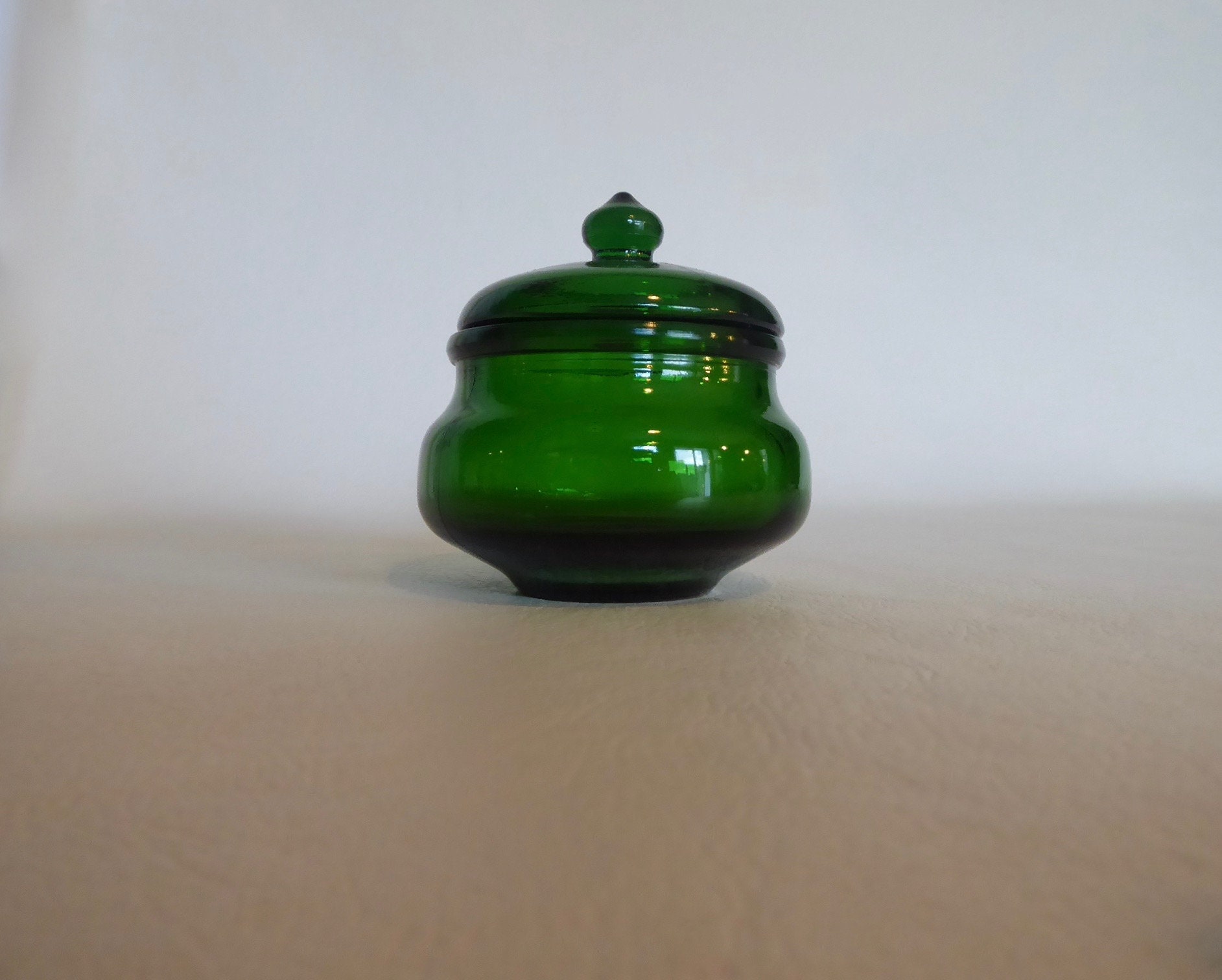 Forest green glass container. Depression glass. Made in Belgium. Year ...