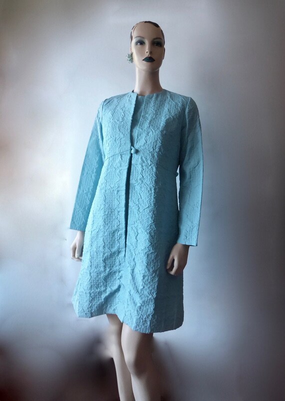 Powder blue jacket dress set 1960. Sleeveless dress. … - Gem