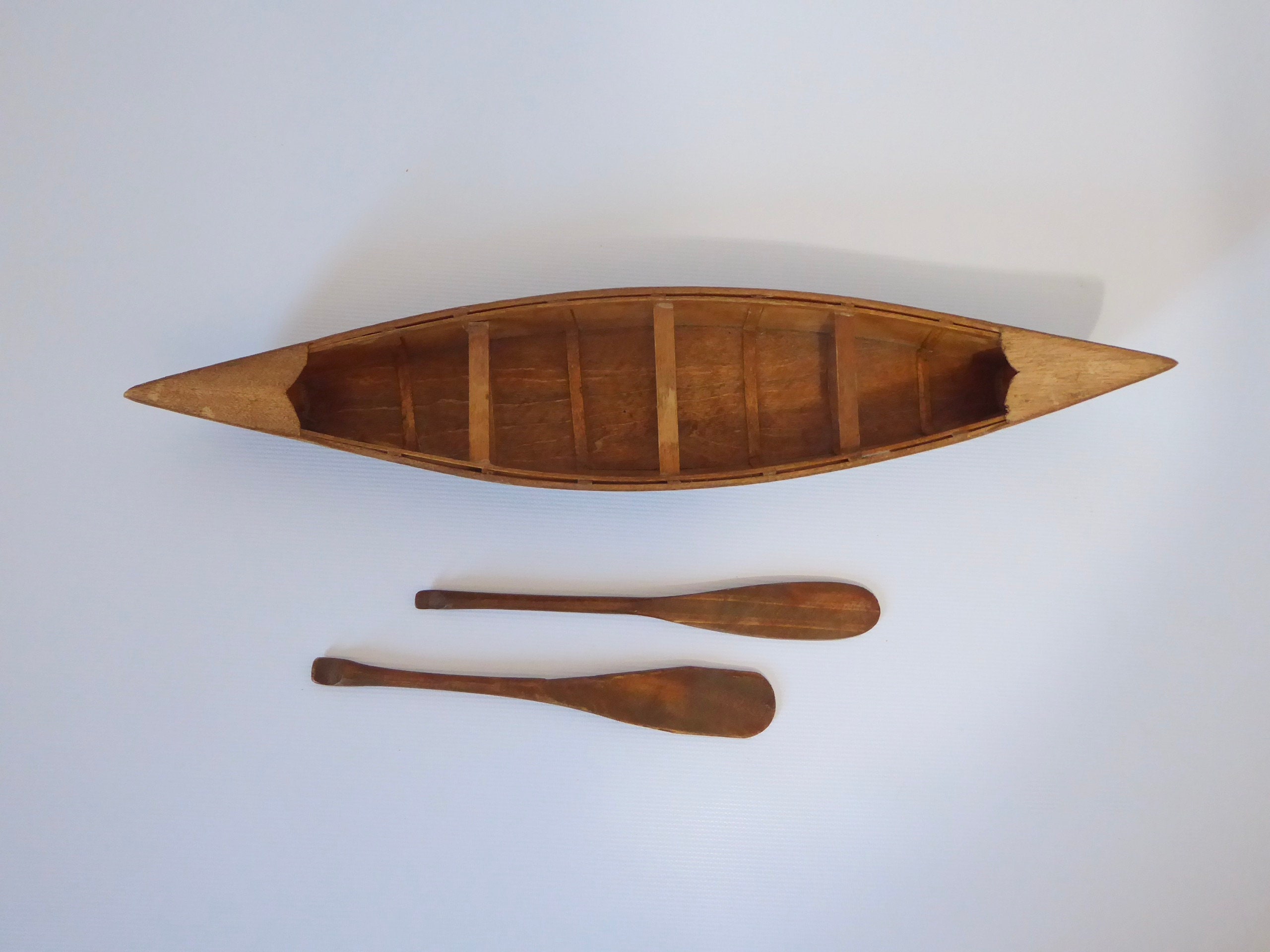 Miniature wooden handmade canoe with 2 paddles. 1970. Vintage canoe ...