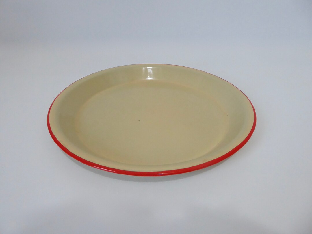 Yellow and Red Enameled Metal Pie Plate. 1940. Vintage Kitchen. Rustic ...