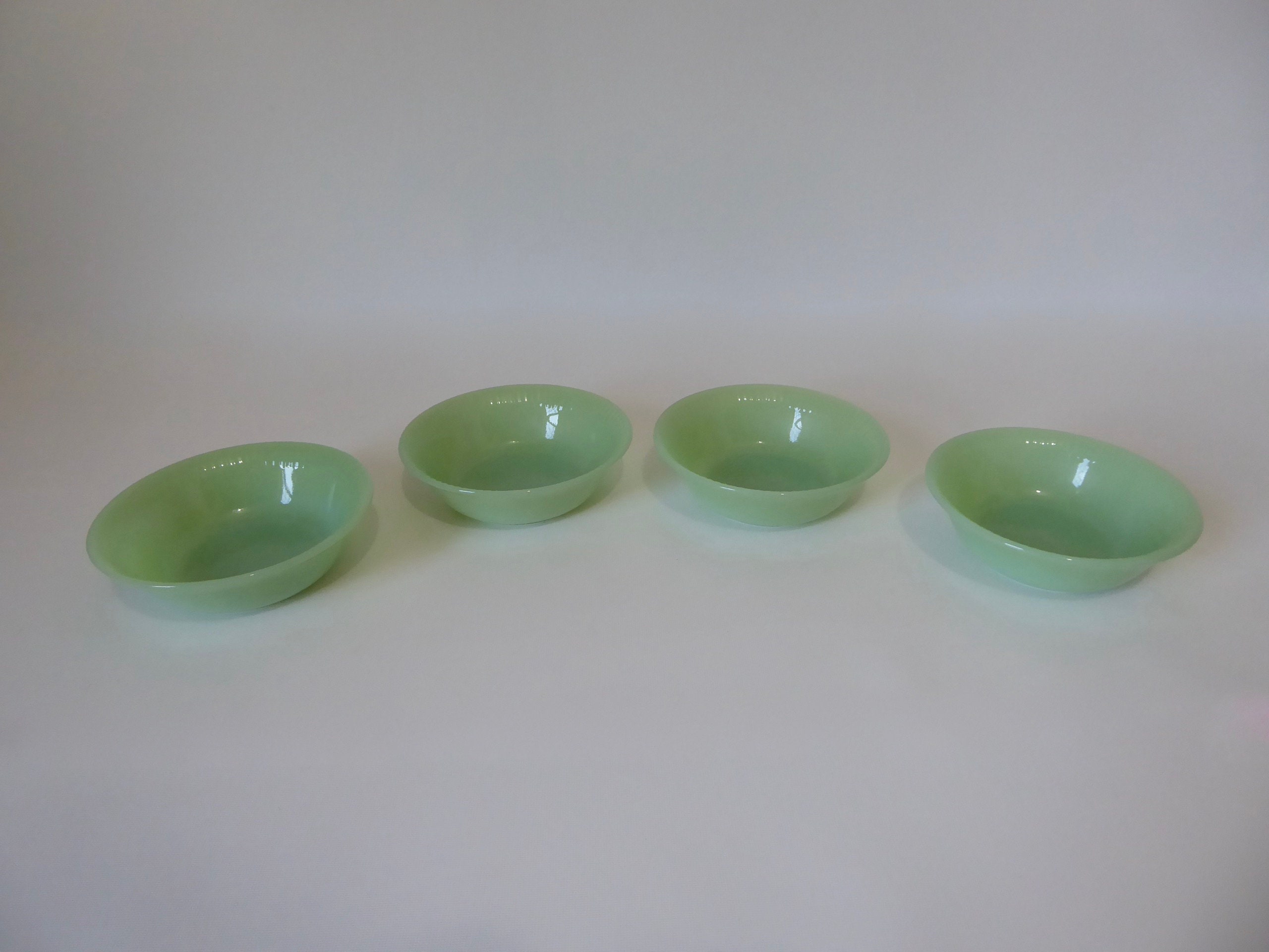 Jade Green Fire King dessert bowl set. Jane Ray. 1950. Anchor Hocking ...