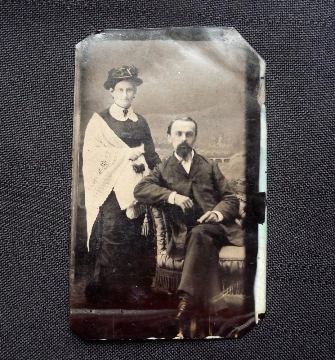 Tintype. Photo Metal Couple. Woman Shawl, Jewelry and Hat. Goatee Beard ...