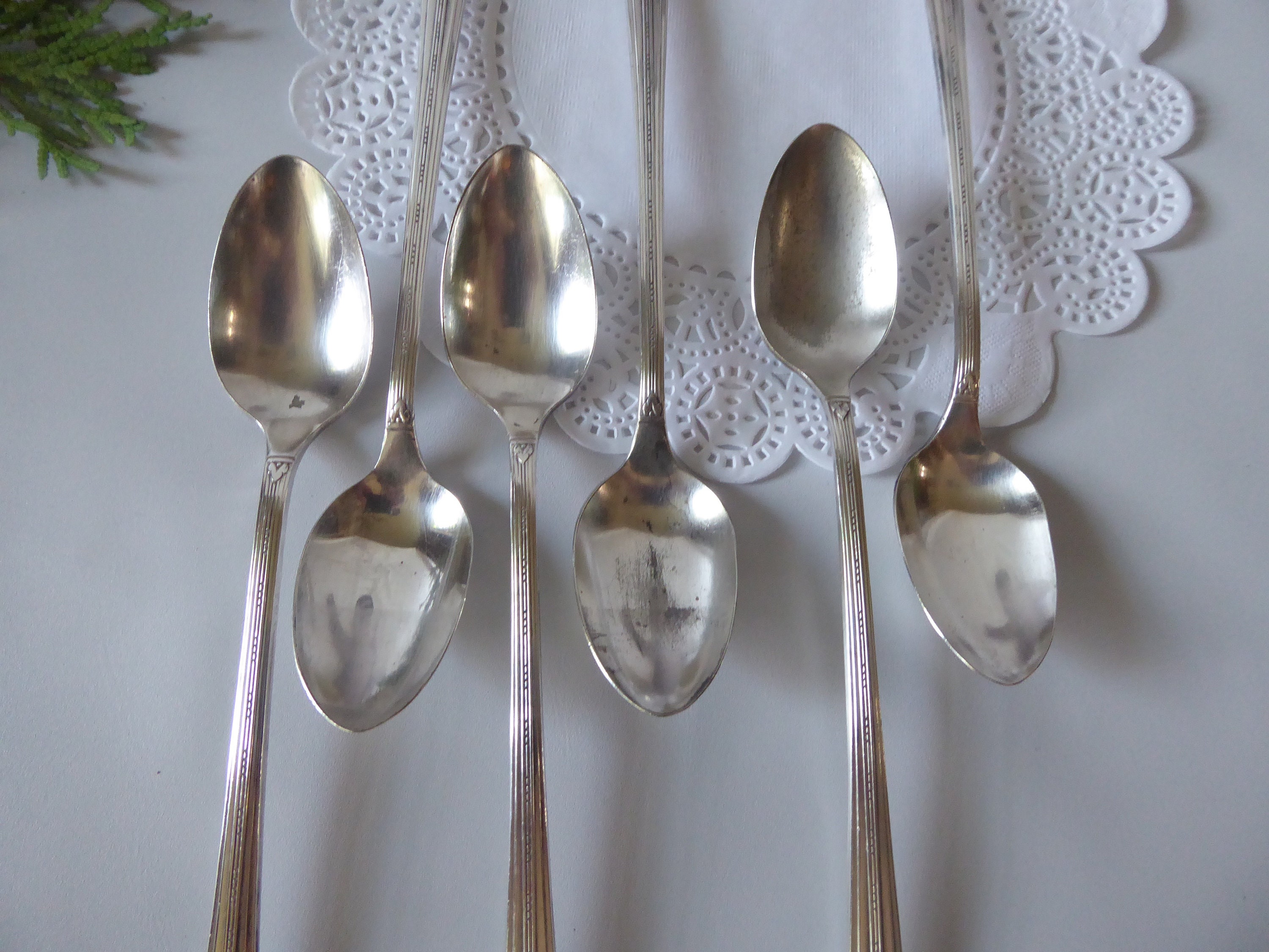 Lot 6 long sundae spoons. Floral pattern. 1930. Silver metal. Wm. A ...