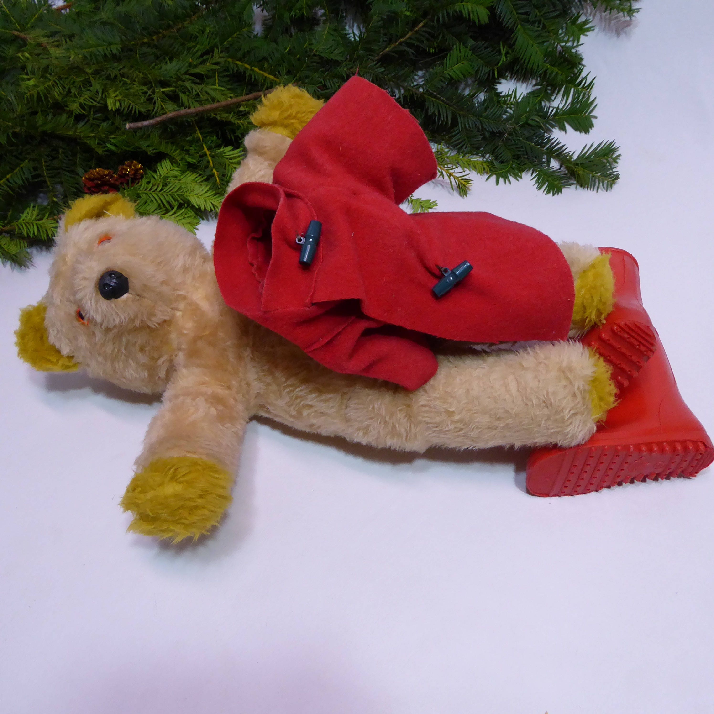 Vintage Paddington bear. 19 inches. Four inches. Orange glass eyes. Red ...