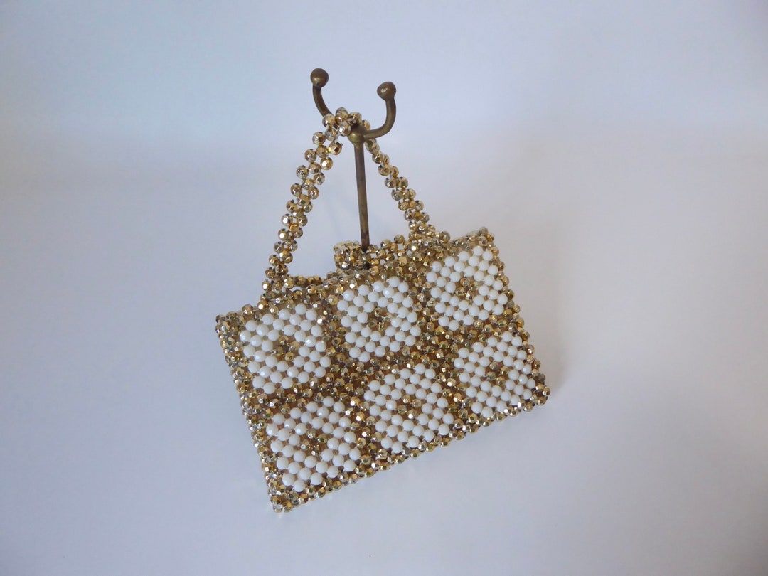 Rectangular Handbag With White and Gold Plastic Beads. Vintage Handbag ...