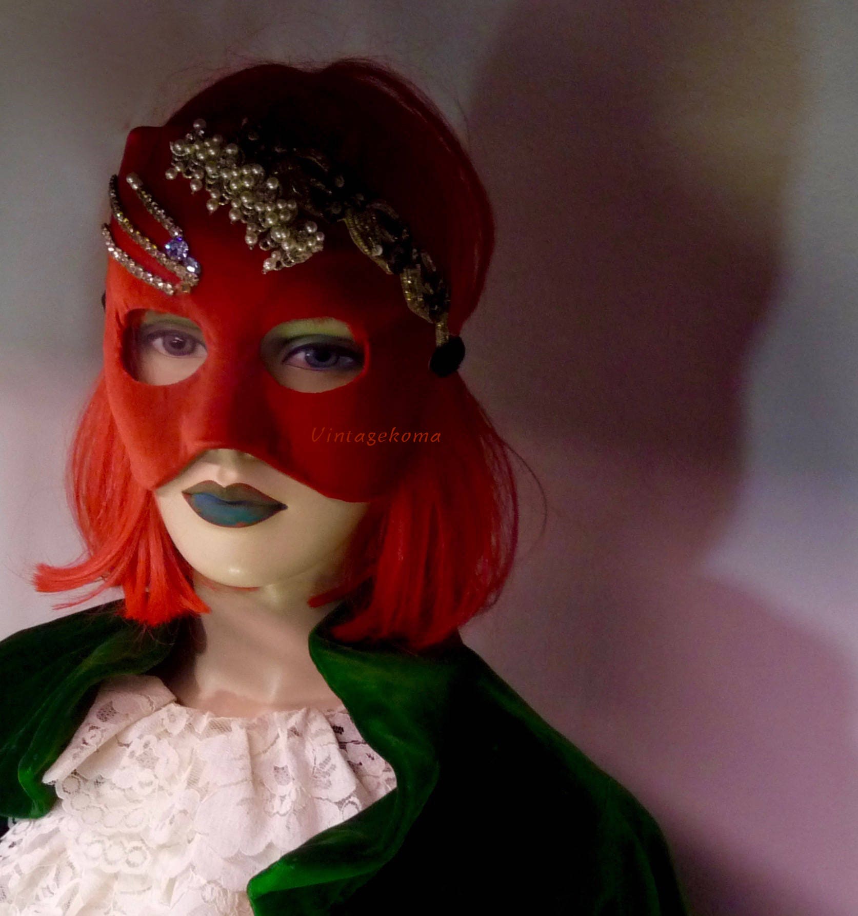 Red velvet molded mask. Masquarade. beaded. Rhinestones. ribbon. Satin ...