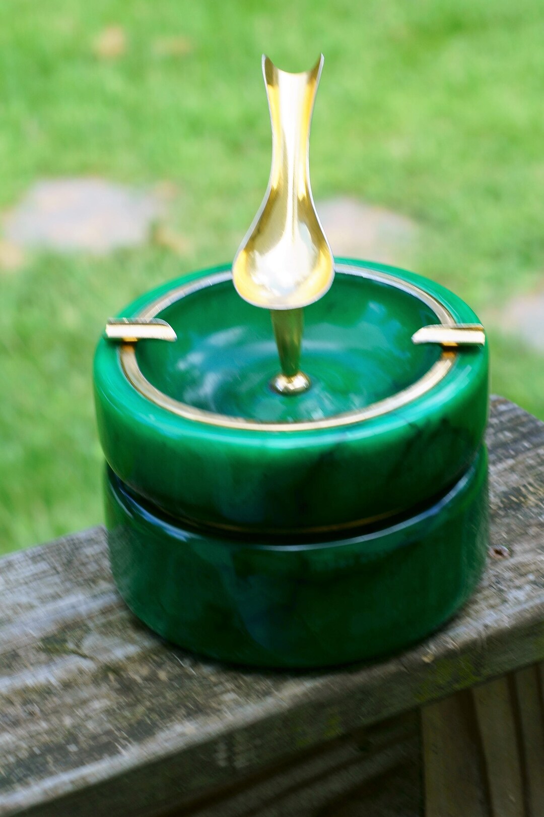 Beautiful Rare Vintage Green Alabaster and Brass Ashtray and Pipe ...