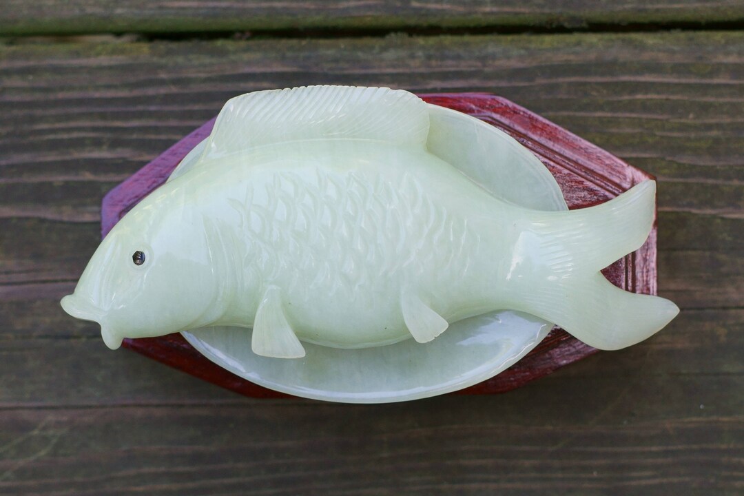 Exquisite Chinese Jadeite/jade Hand Carved Fish Sculpture With Carved ...